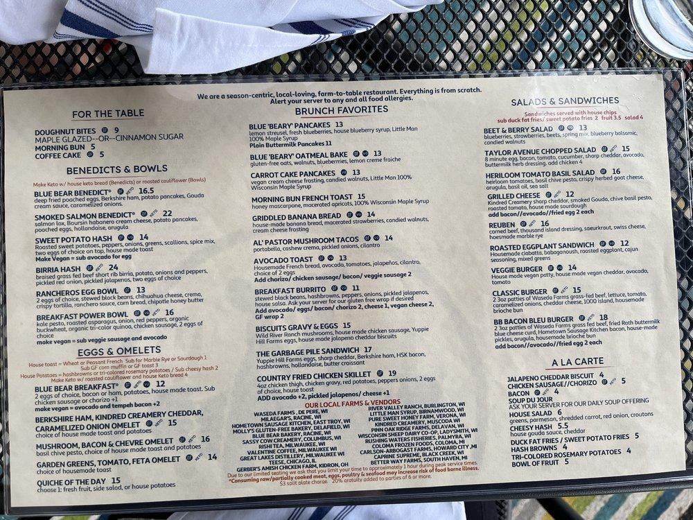 Menu at Blue Bear restaurant, Racine