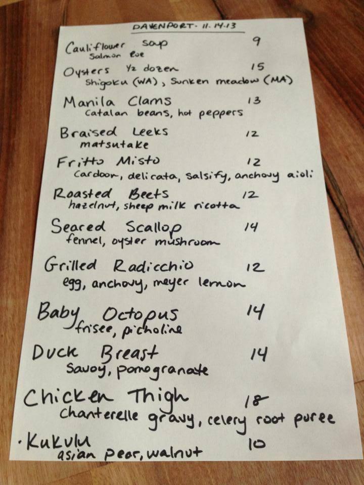 Menu at Davenport restaurant, Portland
