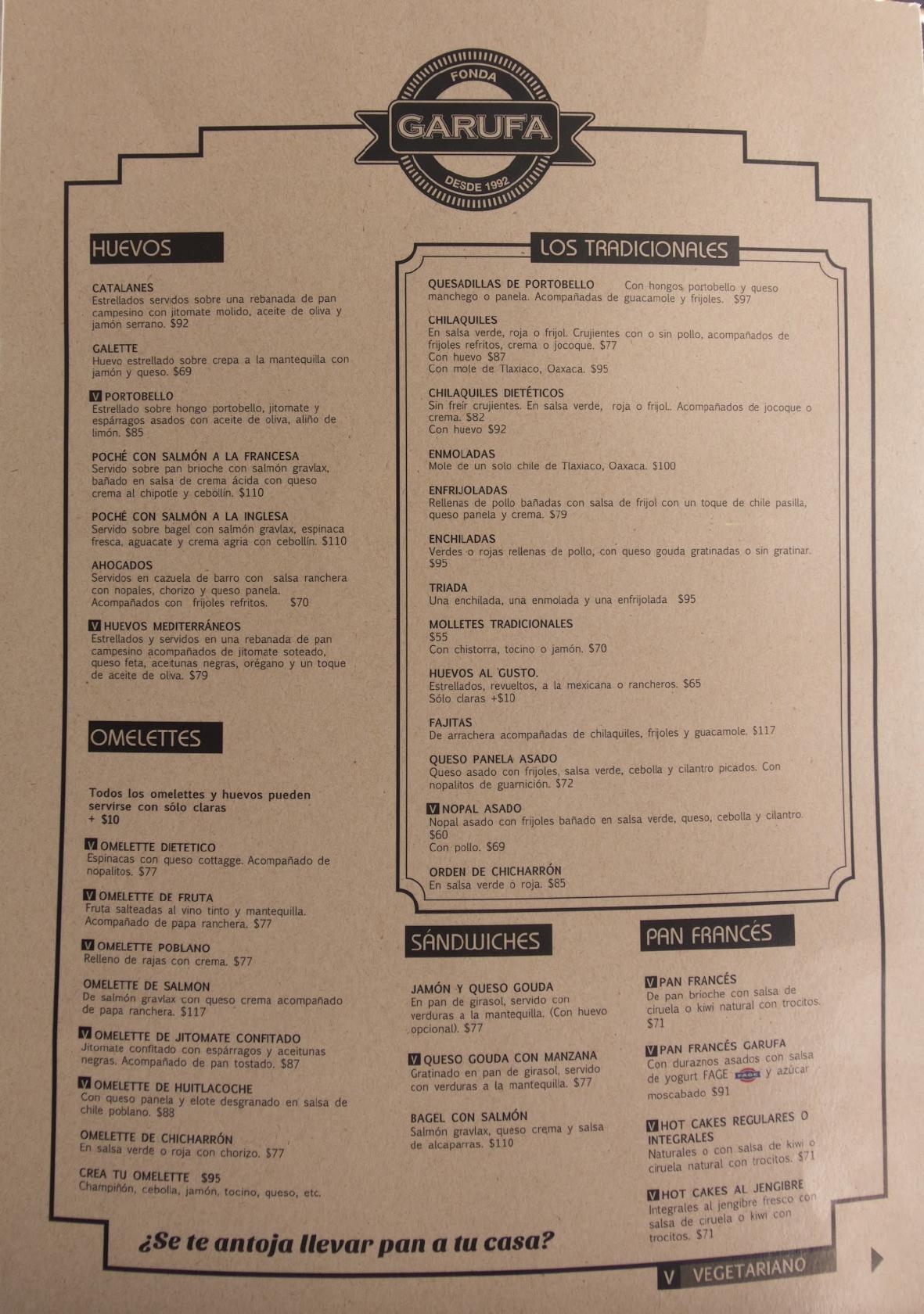 Carta de parrilla Fonda Garufa, Ciudad López Mateos, Av Michoacán 93