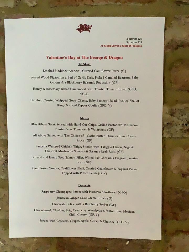 Menu at George & Dragon pub & bar, Sandwich