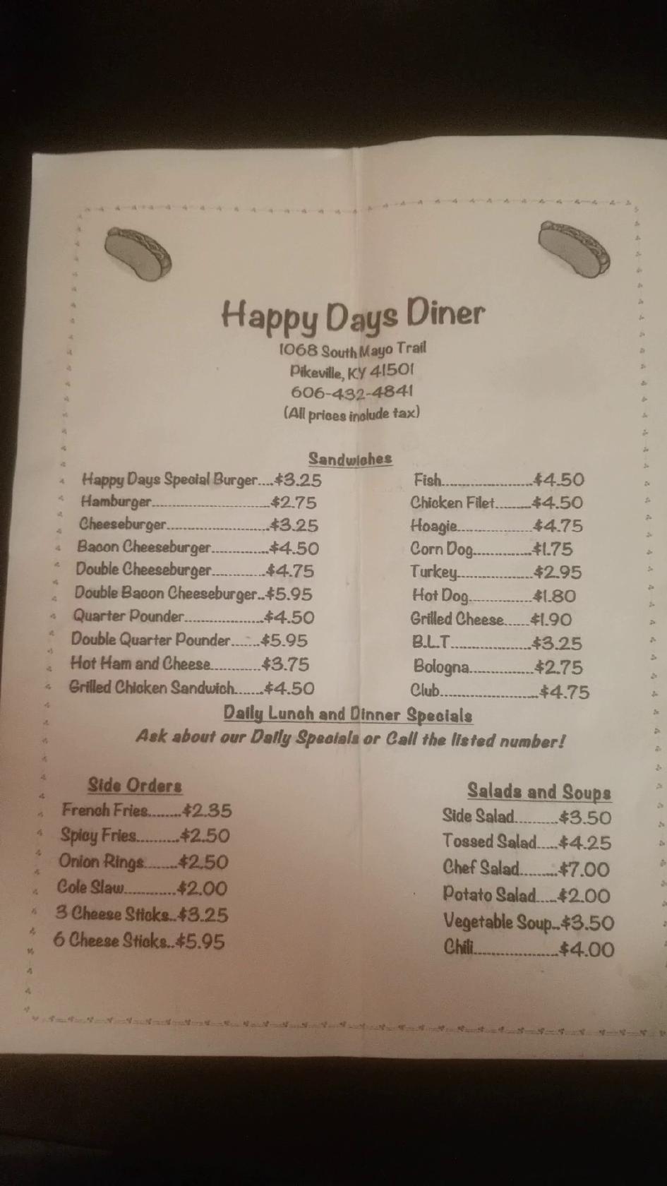 Menu at Happy Days Diner restaurant, Pikeville, S Mayo Trail
