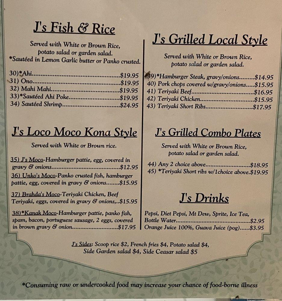 Menu at J's Fish & Grill Kona,Hawaii restaurant, Kailua-Kona