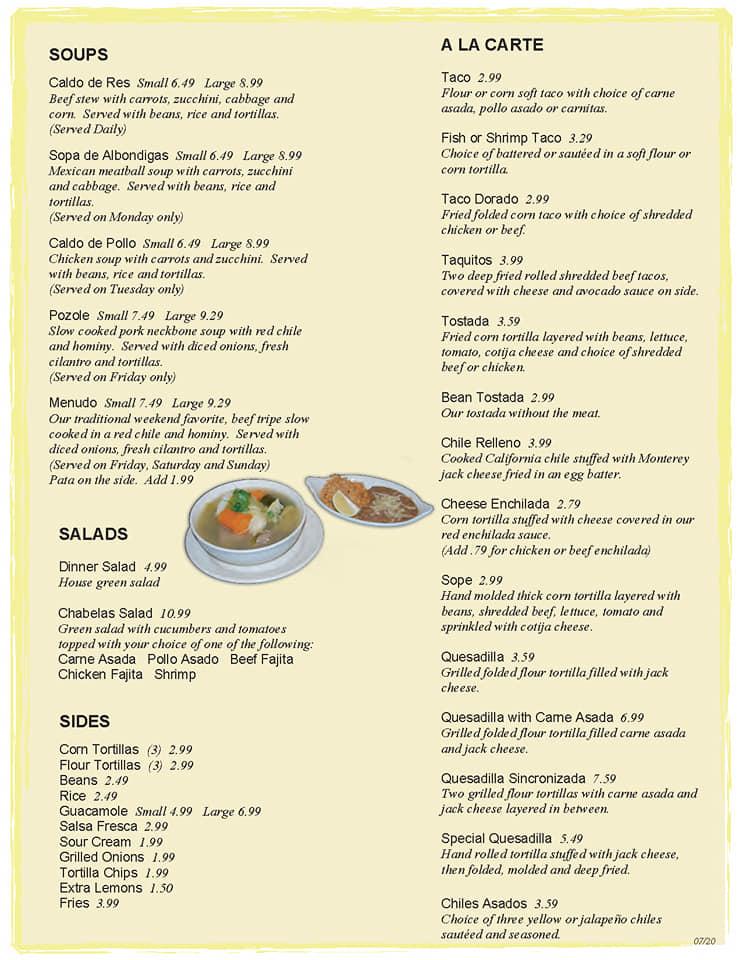 Menu at Las Chabelas Restaurant, Brawley, 749 S Brawley Ave