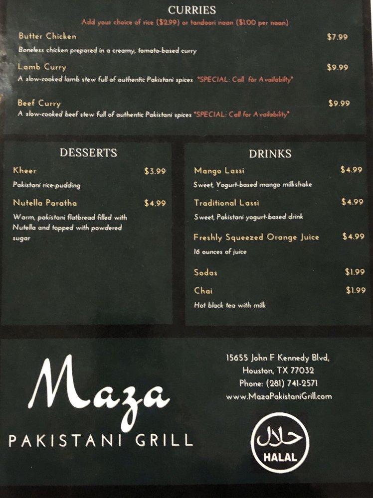 Menu at Maza restaurant, Houston