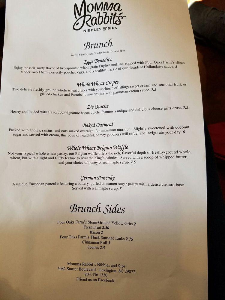 Menu at Momma Rabbit's Nibbles and Sips restaurant, Lexington