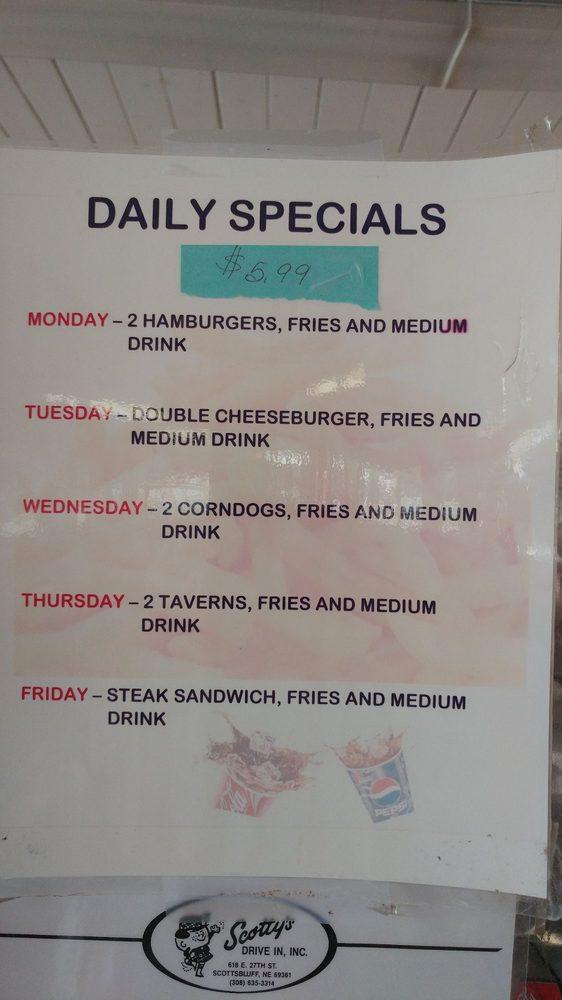Menu at Scotty's Drive-In restaurant, Scottsbluff