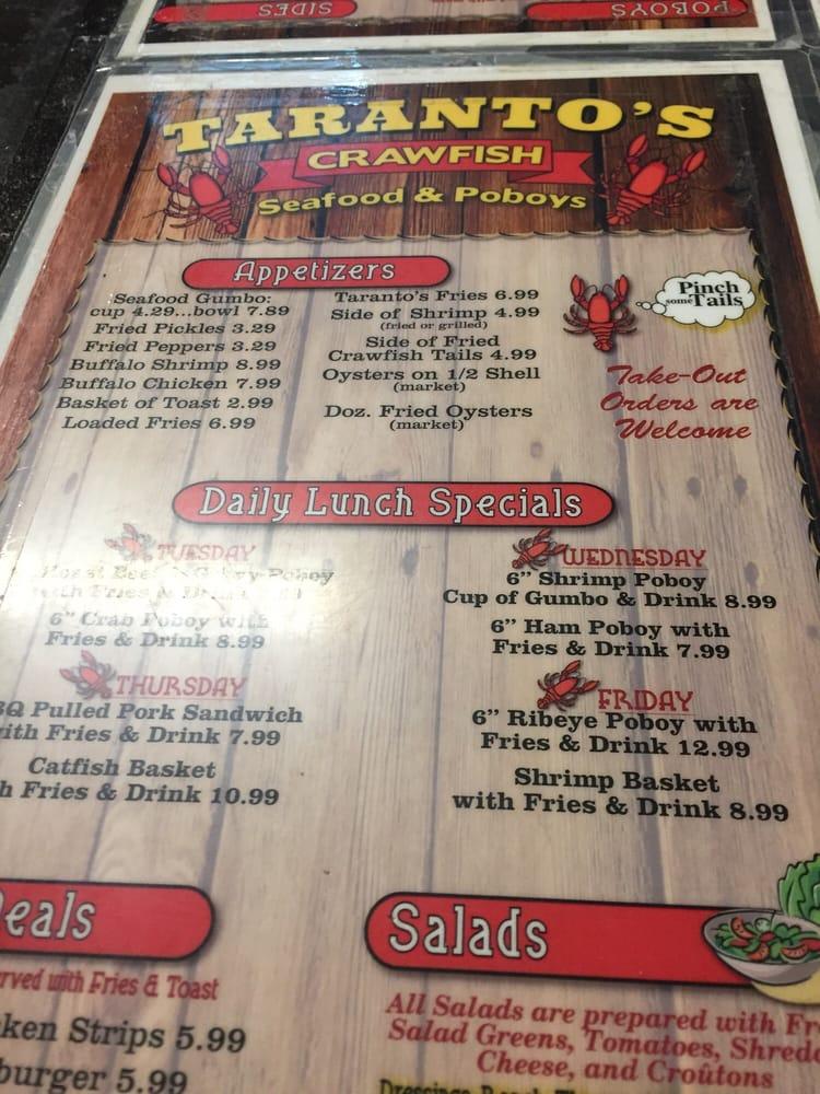 Menu at Taranto's Crawfish restaurant, Biloxi