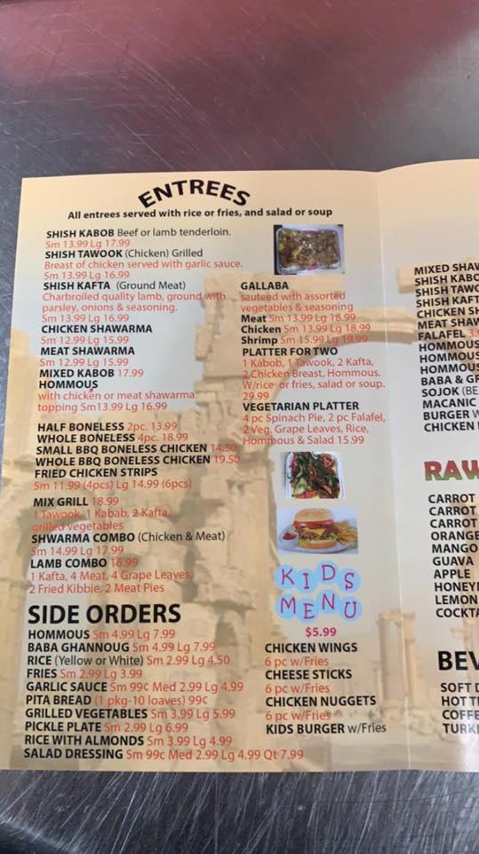 Menu at Taylor Kabob restaurant, Taylor