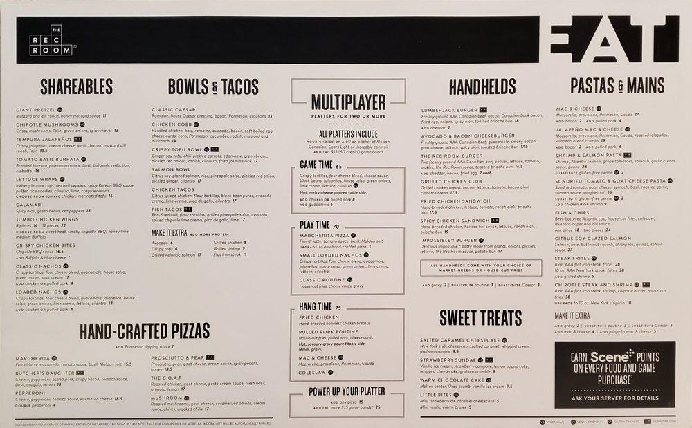 Menu at The Rec Room pub & bar, Edmonton, 99 St NW