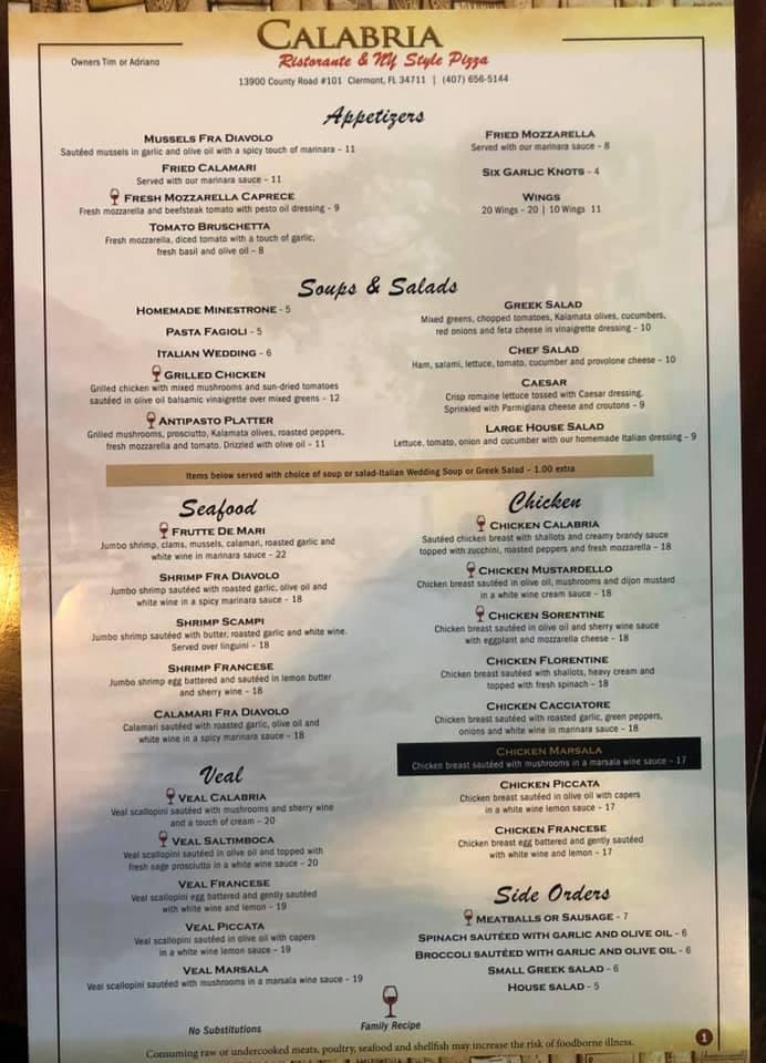 Menu at Calabria Ristorante & NY Style Pizza pizzeria, Clermont, East ...