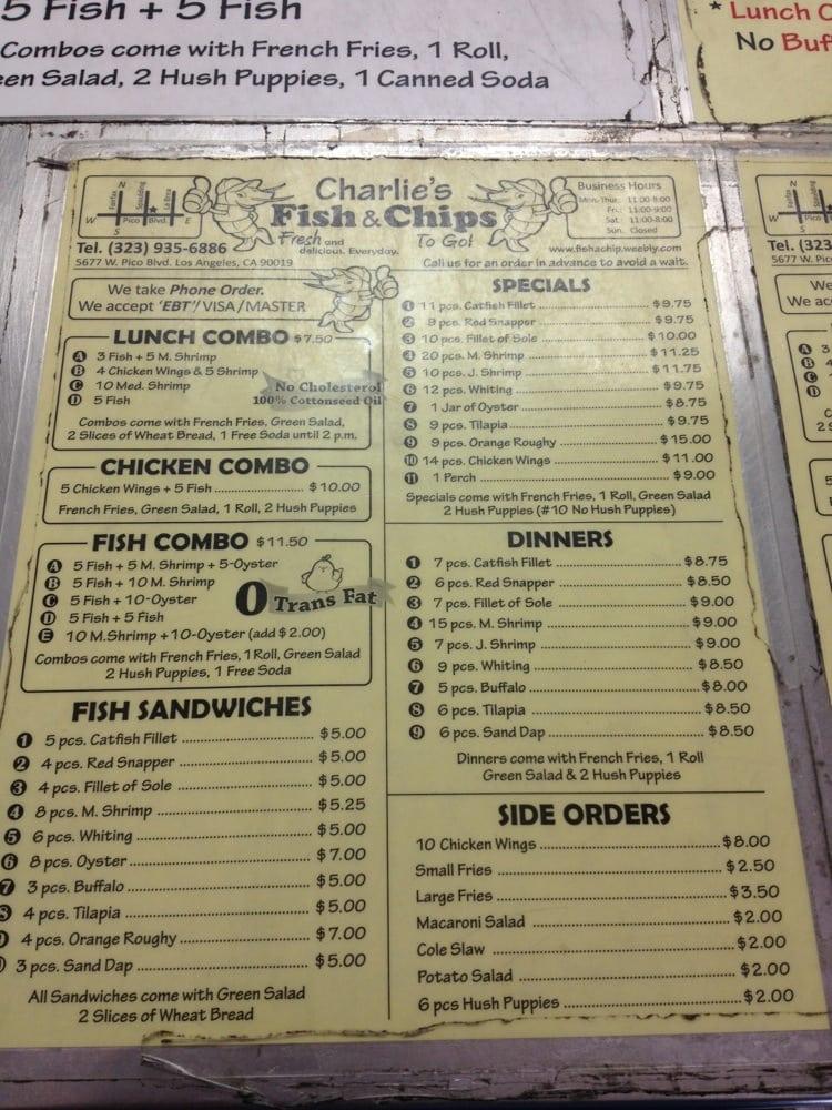 Menu at Charlie's Fish restaurant, Los Angeles