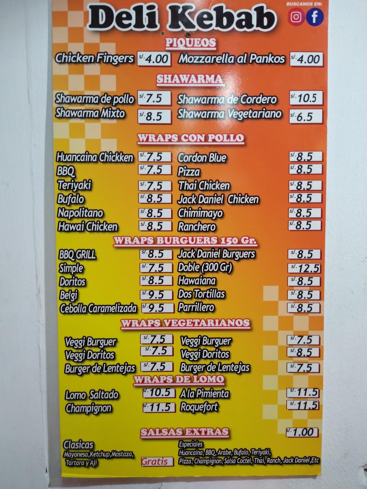 Menu at Delicious kebab restaurant, Chorrillos