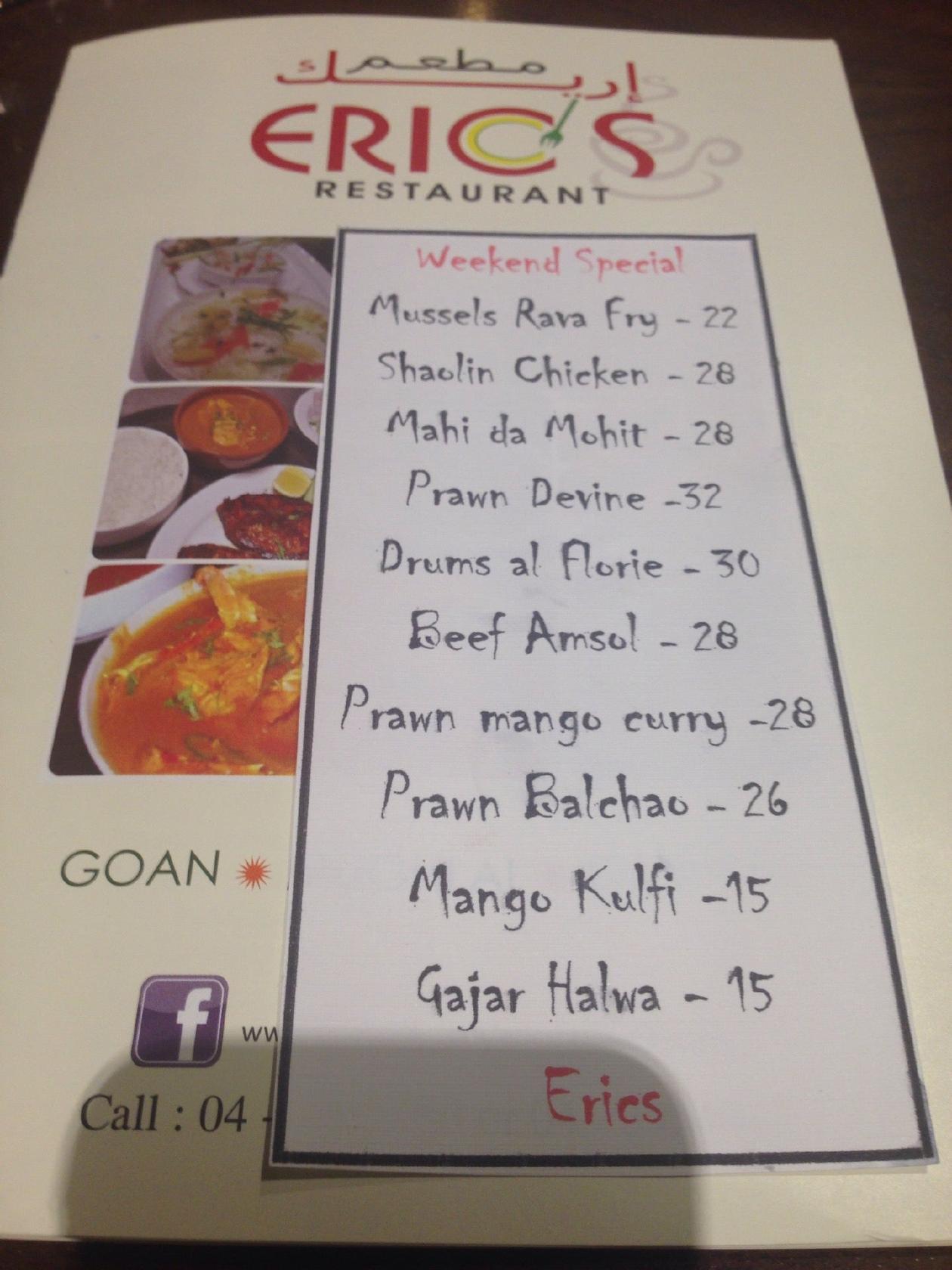 Menu at Eric's restaurant, Dubai, Karama