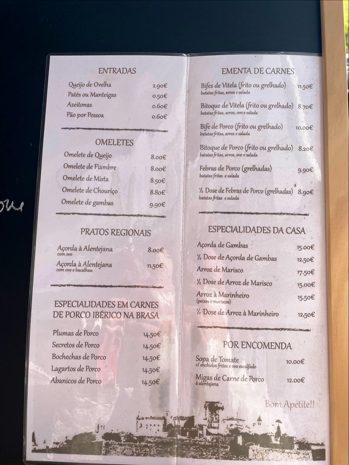 Menu em Kimbo restaurante, Estremoz