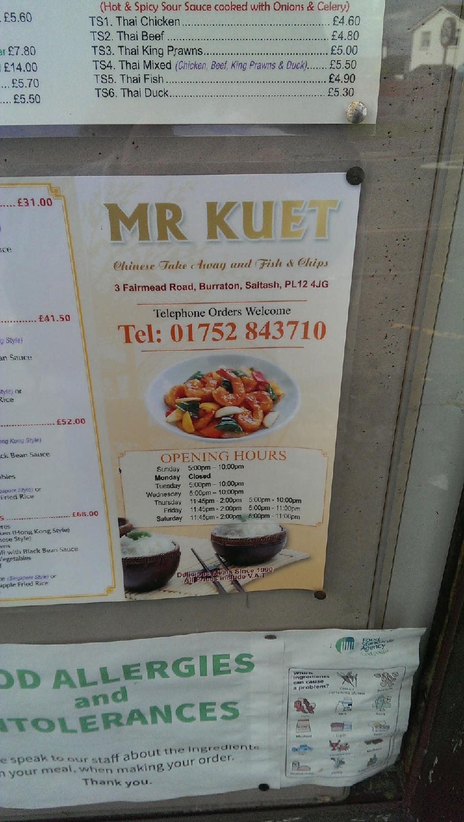 Menu at Mr Kuet fast food, Saltash
