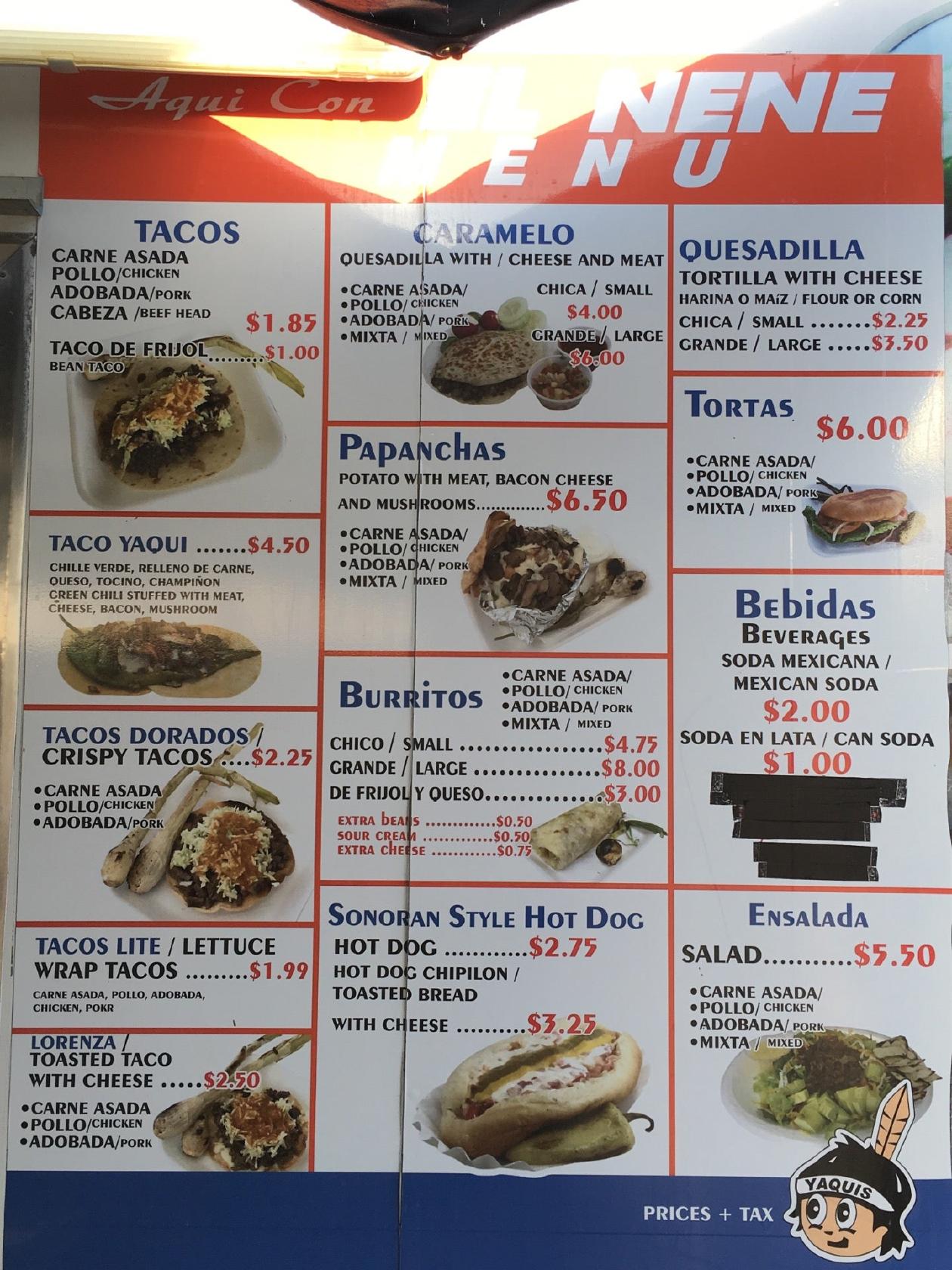 Menu at Taqueria Aqui Con El Nene restaurant, Tucson, N Flowing Wells Rd
