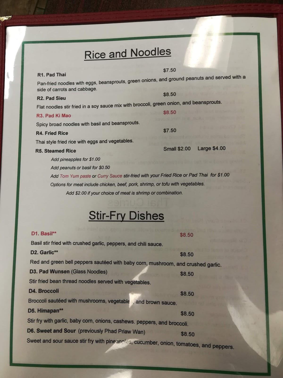 Carta de Thai Kum Koon Restaurant, Norman