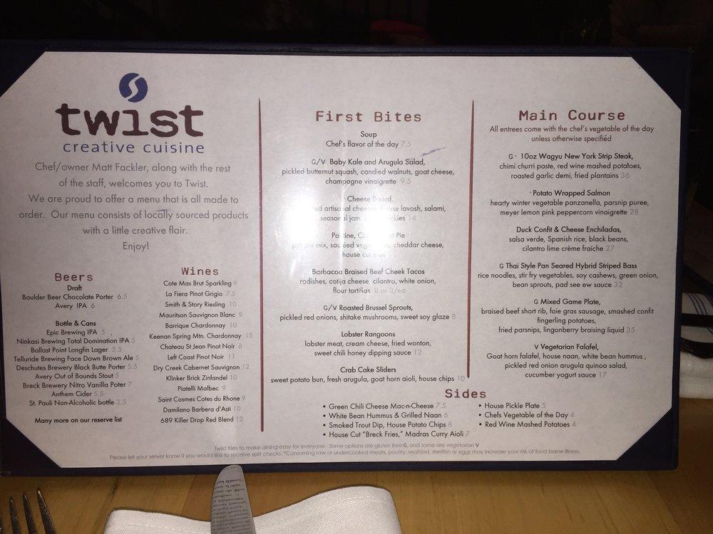 Menu at Twist restaurant, Breckenridge