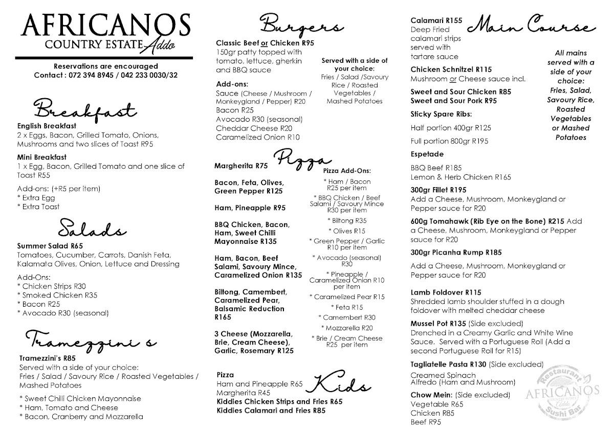 Menu at Africanos Country Estate restaurant, Addo
