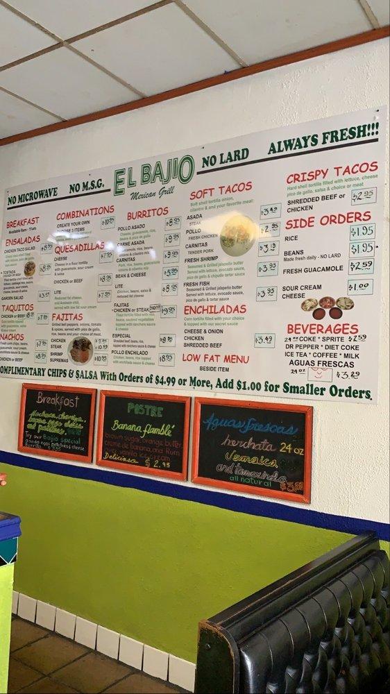 Menu at Bajio Mexican Grill restaurant, Riverside