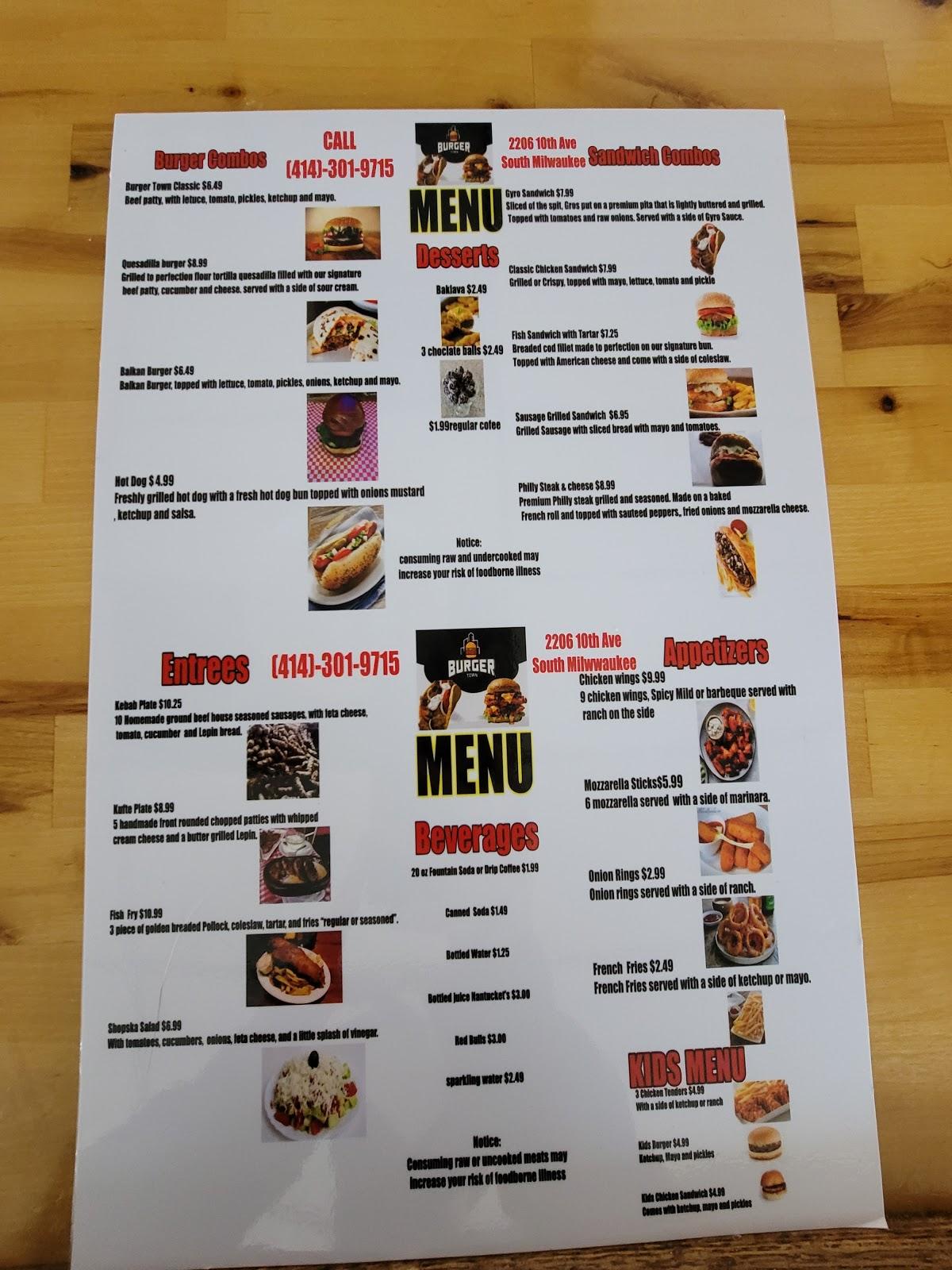 Menu at Burger Town restaurant, South Milwaukee