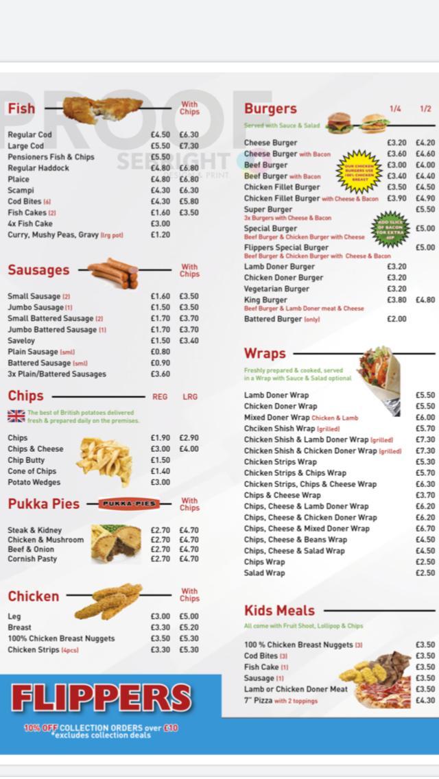 Menu at Flippers & Best Kebab House restaurant, Weston-super-Mare