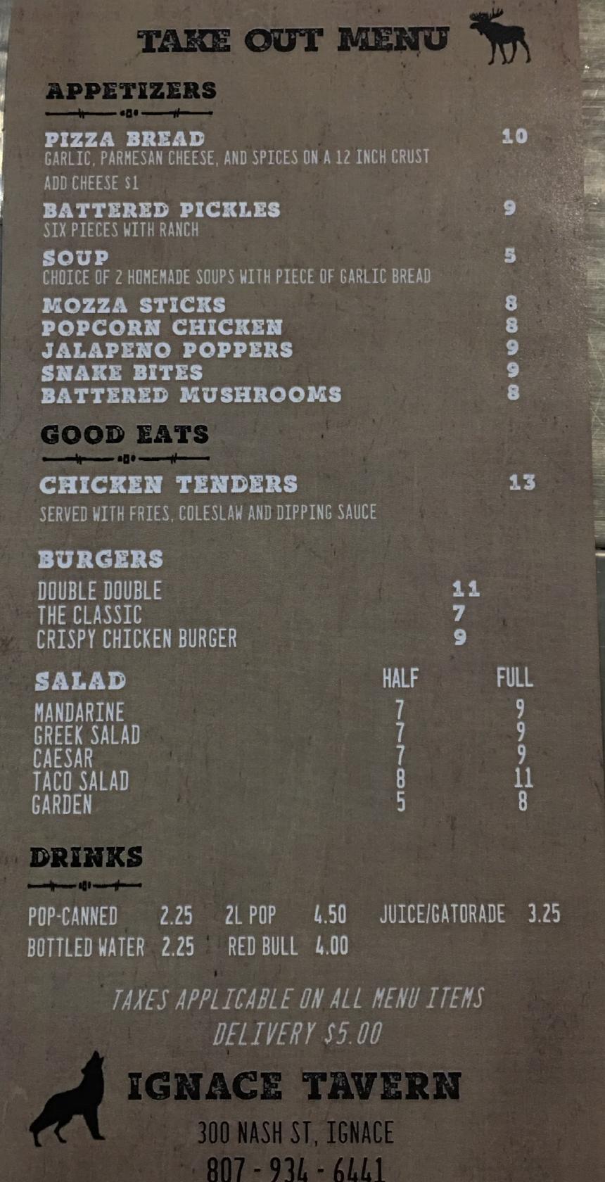 Menu at Clooch’s Tavern pizzeria, Ignace