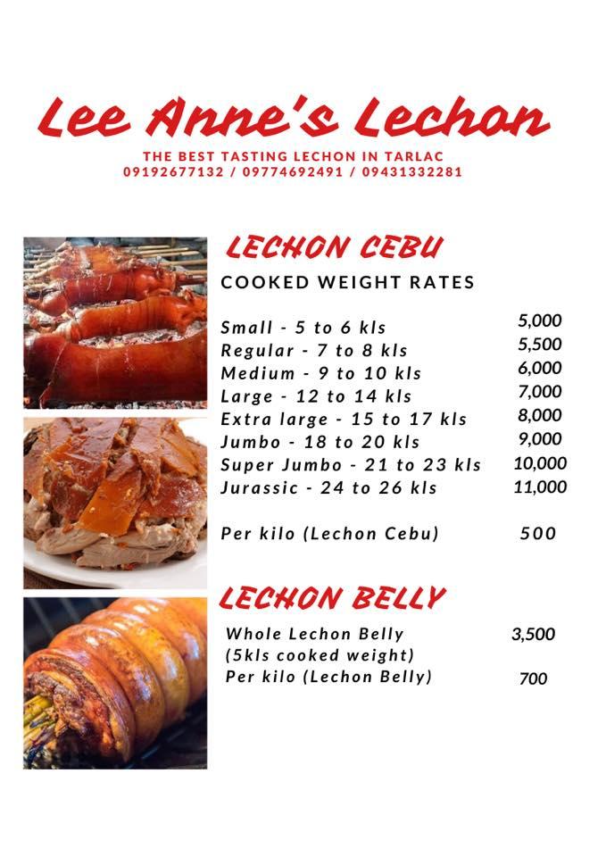Menu at LEE-ANNE's Lechon restaurant, Tarlac City
