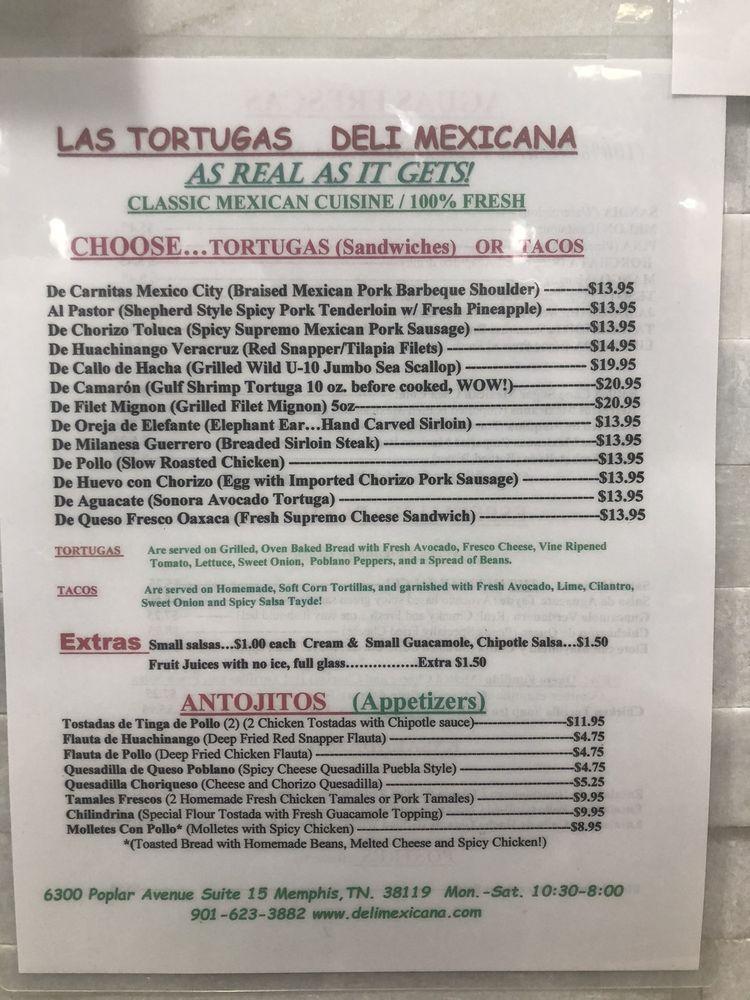 Menu at Las Tortugas Deli Mexicana restaurant, Memphis, Poplar Ave #115