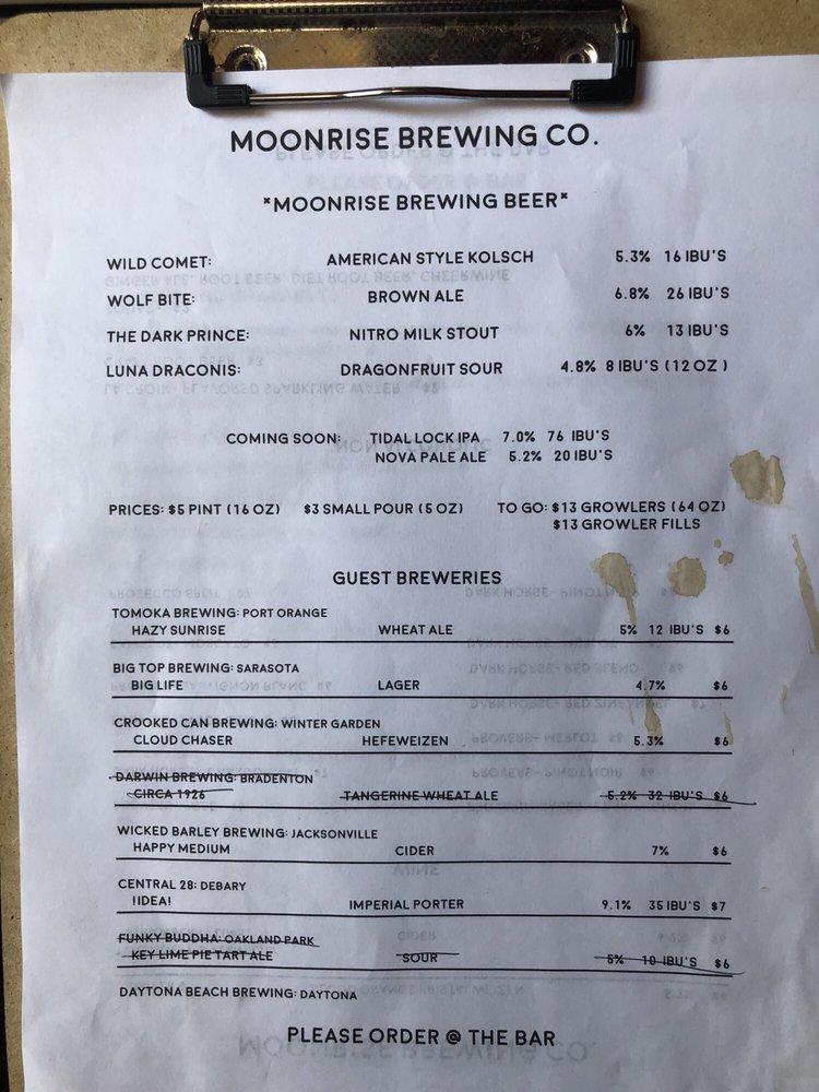 Menu at Moonrise Brewing Company pub & bar, Palm Coast