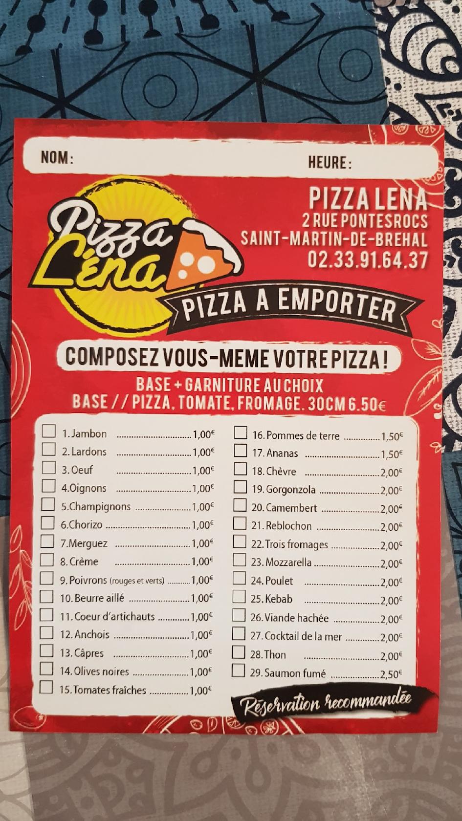 Menu at Pizza Lena fast food, Bréhal