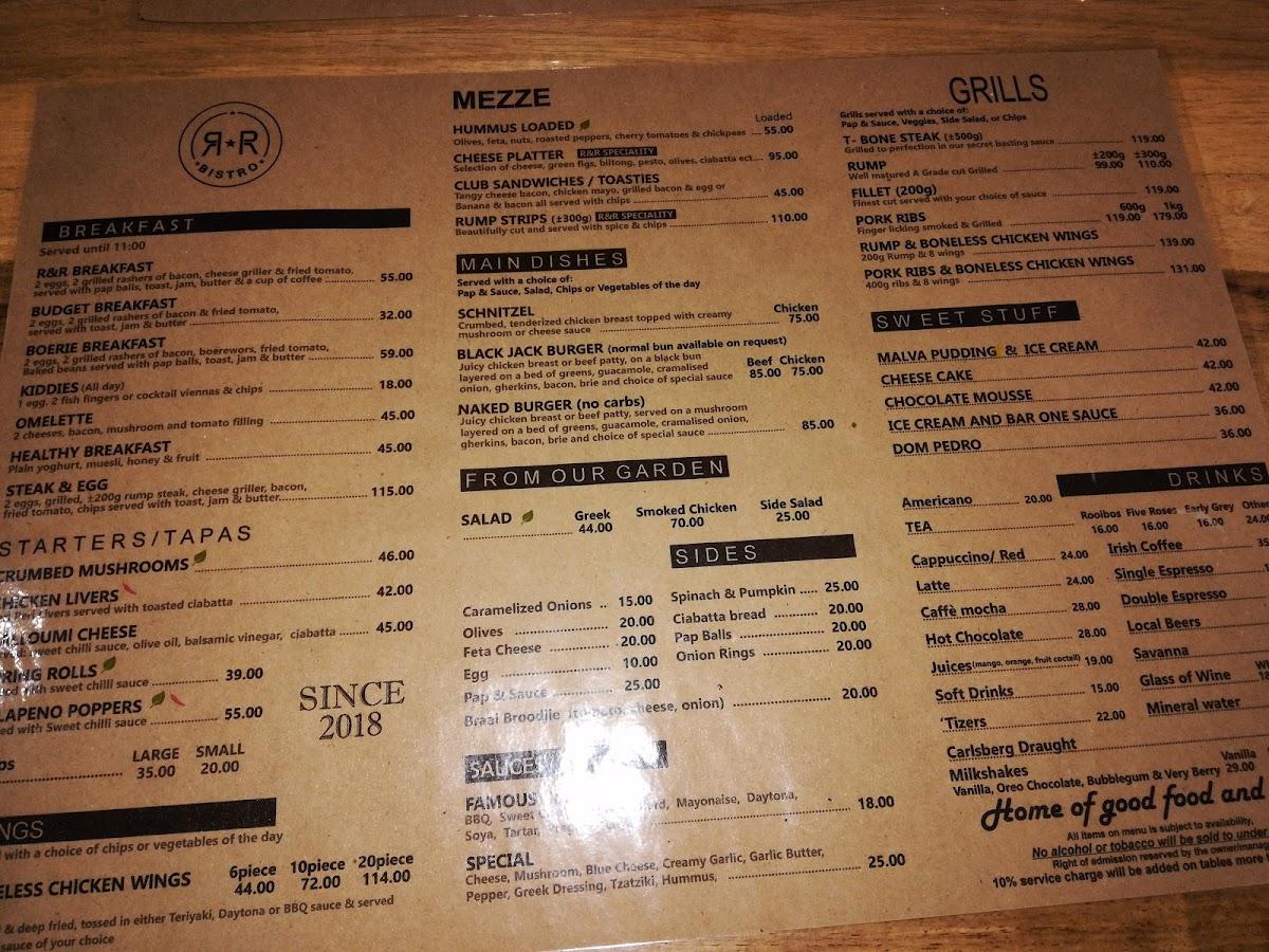 Menu at R&R Bistro restaurant, Pretoria, CNR Nico Smith St