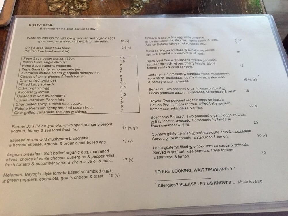 Menu at Rustic Pearl cafe, Surry Hills