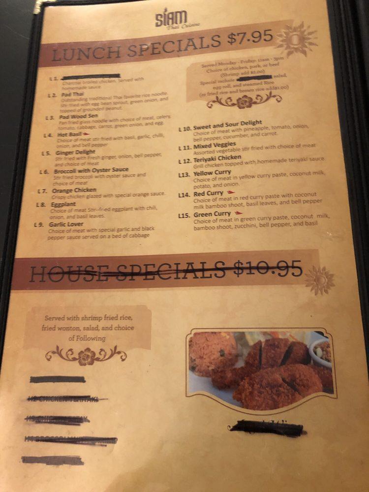 Menu at Siam Thai Cuisine restaurant, Apple Valley