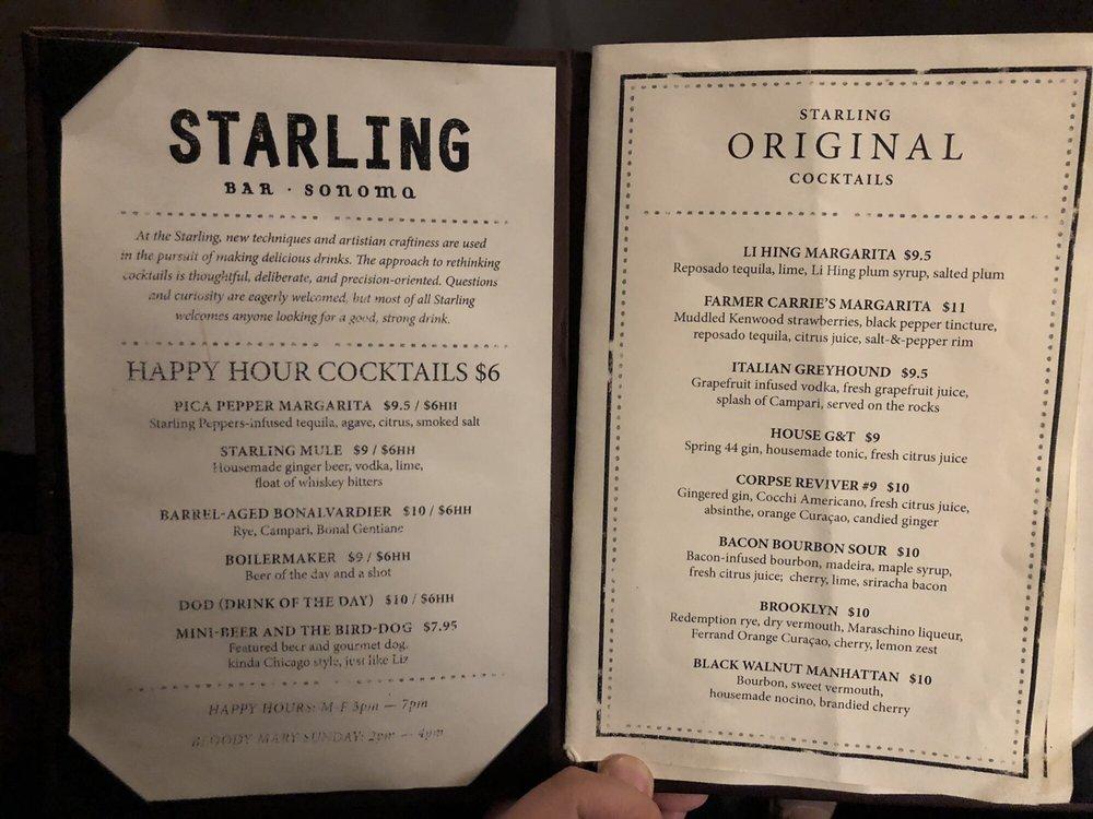 Menu at Starling Bar Sonoma, Sonoma
