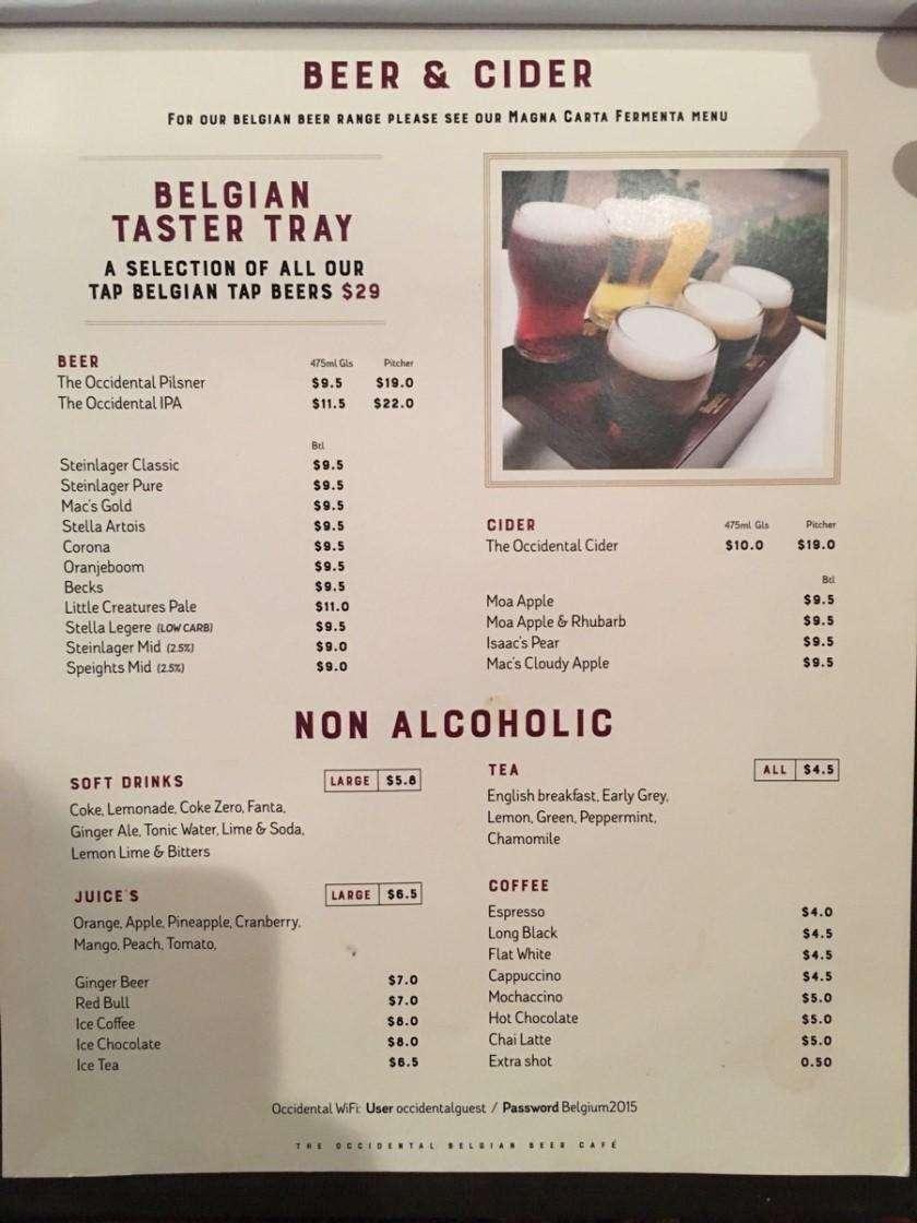 Menu at The Occidental pub & bar, Auckland