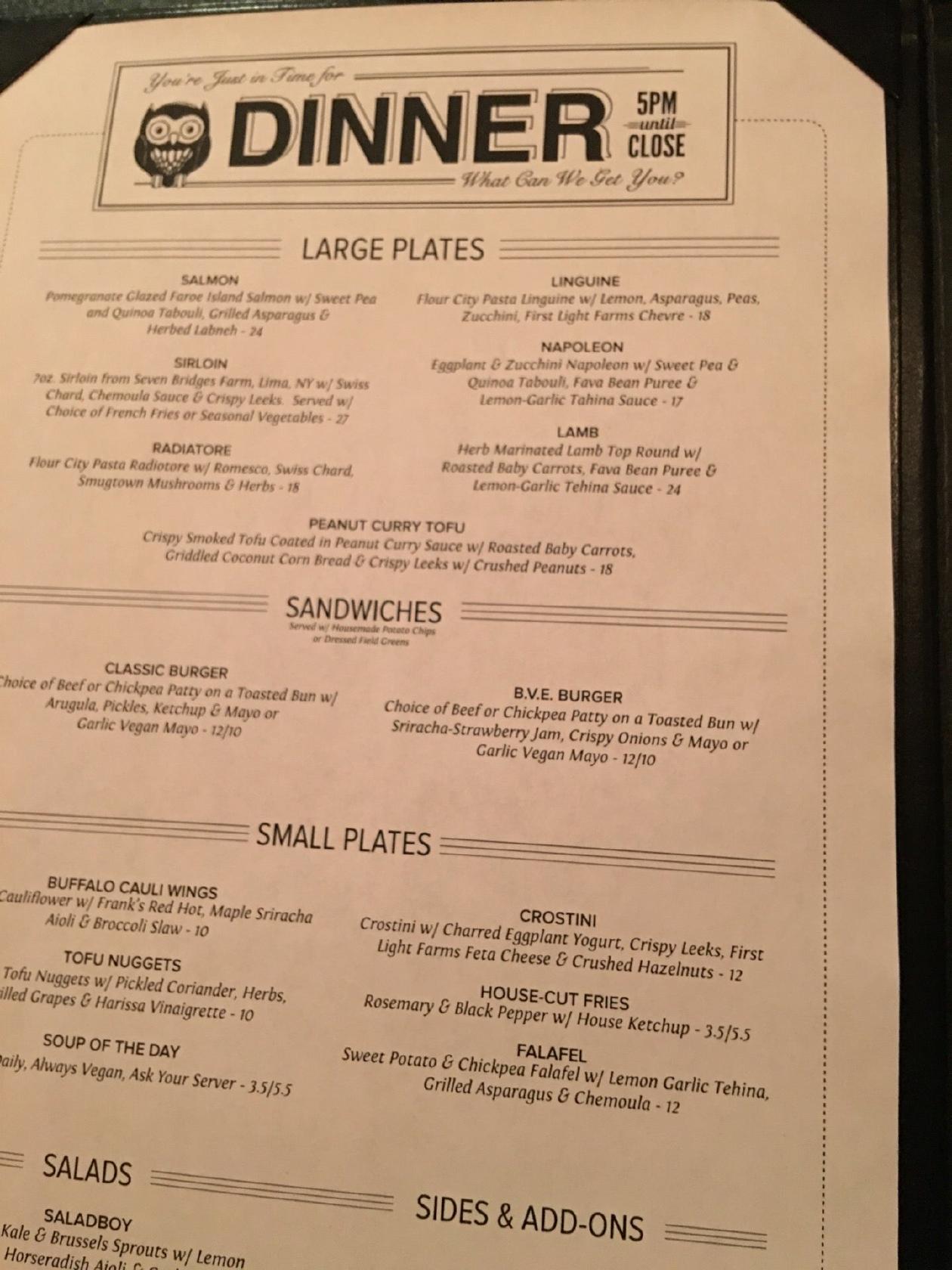Menu at The Owl House restaurant, Rochester, 75 Marshall St