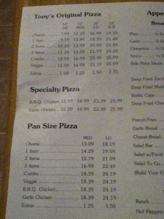 Menu at Tony's Pizzeria, Lodi