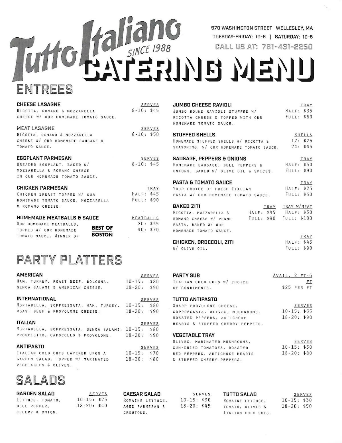 Menu at Tutto Wellesley restaurant, Wellesley, 570 Washington St