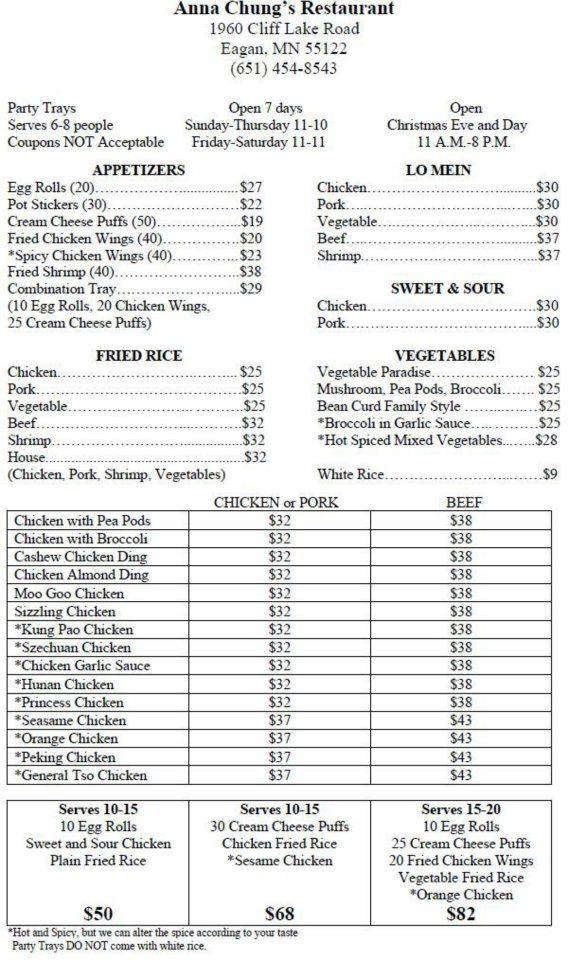 Menu at Anna Chung's Chinese restaurant, Eagan