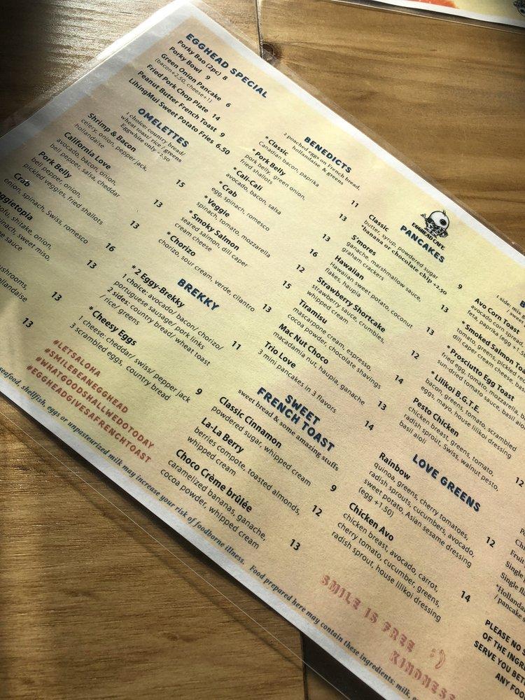 Menu at Egghead Cafe, Honolulu, Dillingham Blvd #8