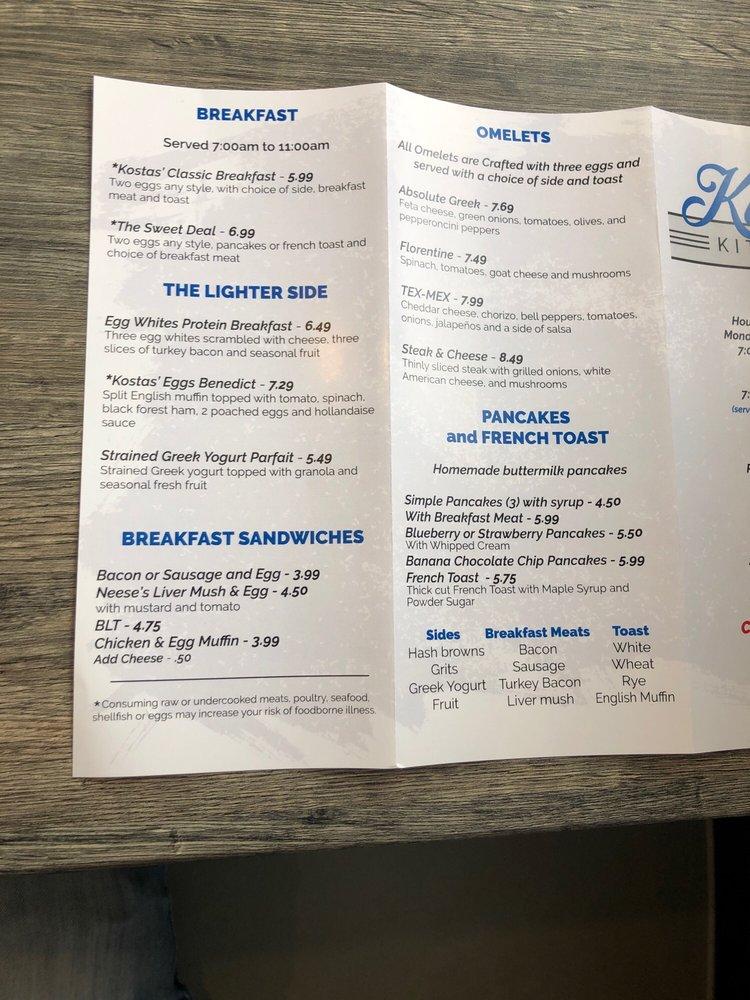 Menu at Kosta's Kitchen restaurant, Charlotte