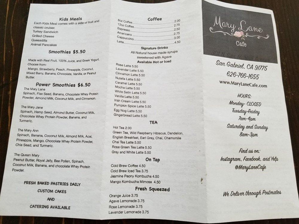 Menu at Mary Lane Cafe, San Gabriel