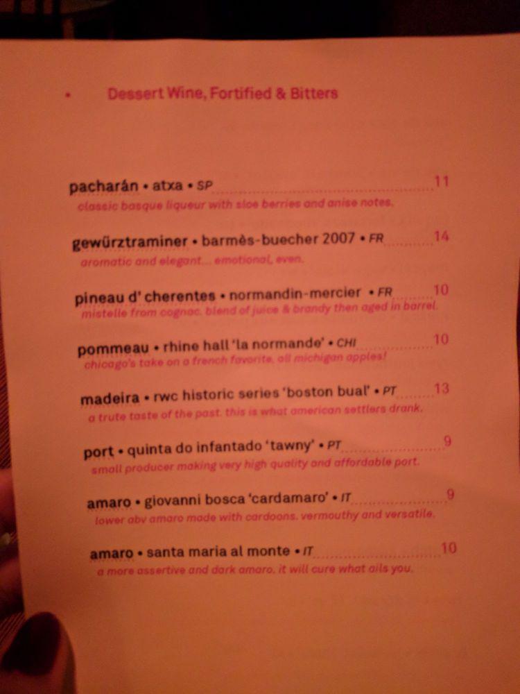 Menu at Parachute restaurant, Chicago