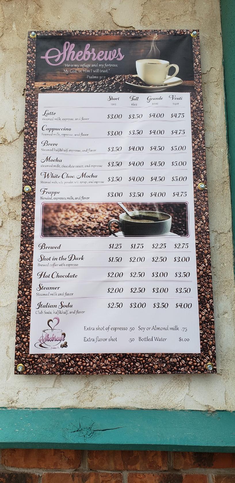 Menu at Shebrews, Big Spring
