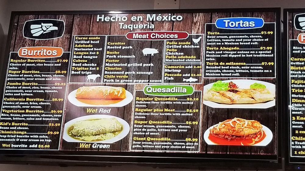 Menu at Taqueria Hecho en México restaurant, Sacramento