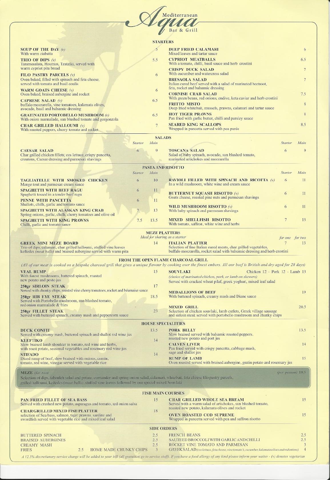 Menu at Aqua Bar & Grill - Croydon, Croydon, 35 S End