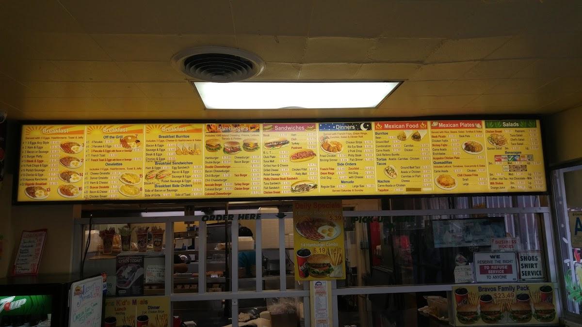 Menu at Bravo’s Char Burger restaurant, Inglewood