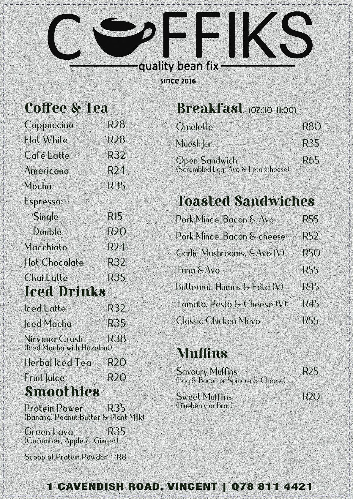 Menu at Coffiks cafe, East London