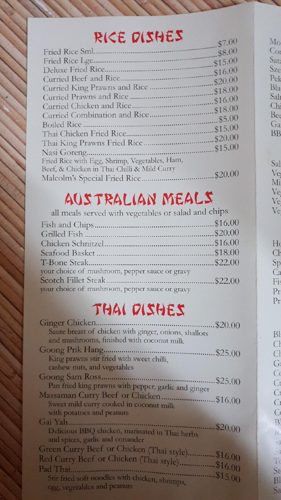Menu at Malcolm's Chinese Restaurant, Griffith